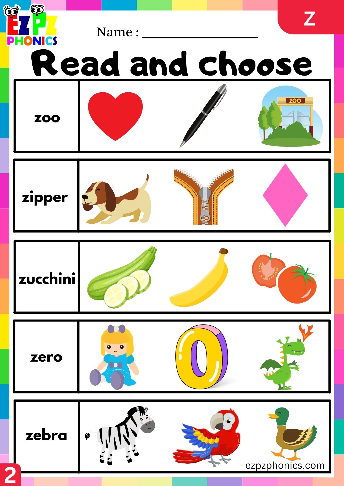 Letter z Read and Choose the Correct Images Group 2 - ezpzphonics.com